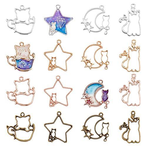 猫＆星月-混合色 OLYCRAFT 32点 猫レジン枠 猫空枠 星月 4種類 レジンフレーム 手作り 手芸 DIY ハンドメイド 素材 ジュエリー アクセサリー パーツ 混合色 - ぬっちゃん ...