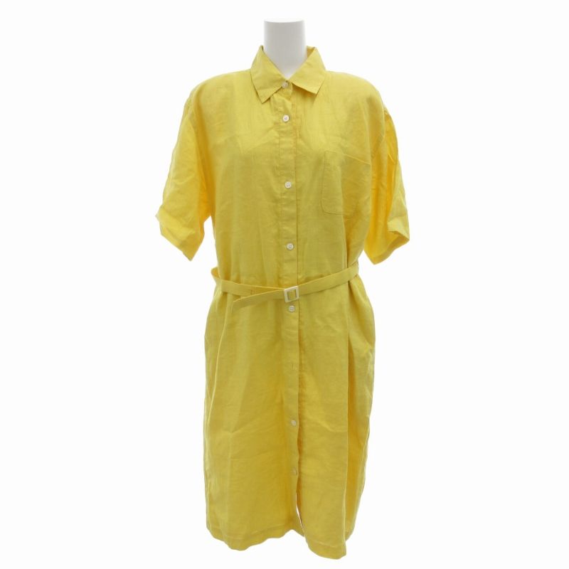ハナエモリ HANAE MORI シャツワンピース ベルト付 麻 リネン 半袖 ロング 13A3 L 黄 イエロー /FF 0819 WY ...