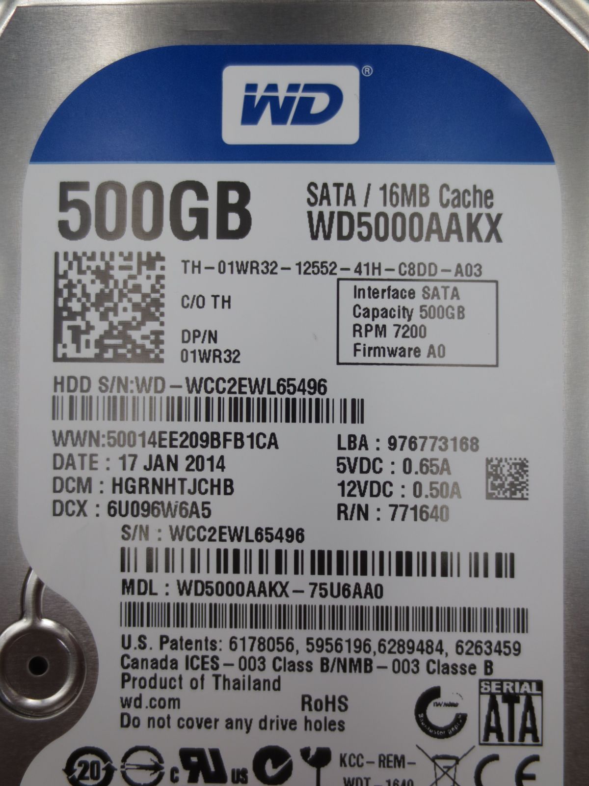 【中古動作品】Western Digital 3.5インチ HDD SATA(Serial ATA) 500GB WD5000AAKX ...
