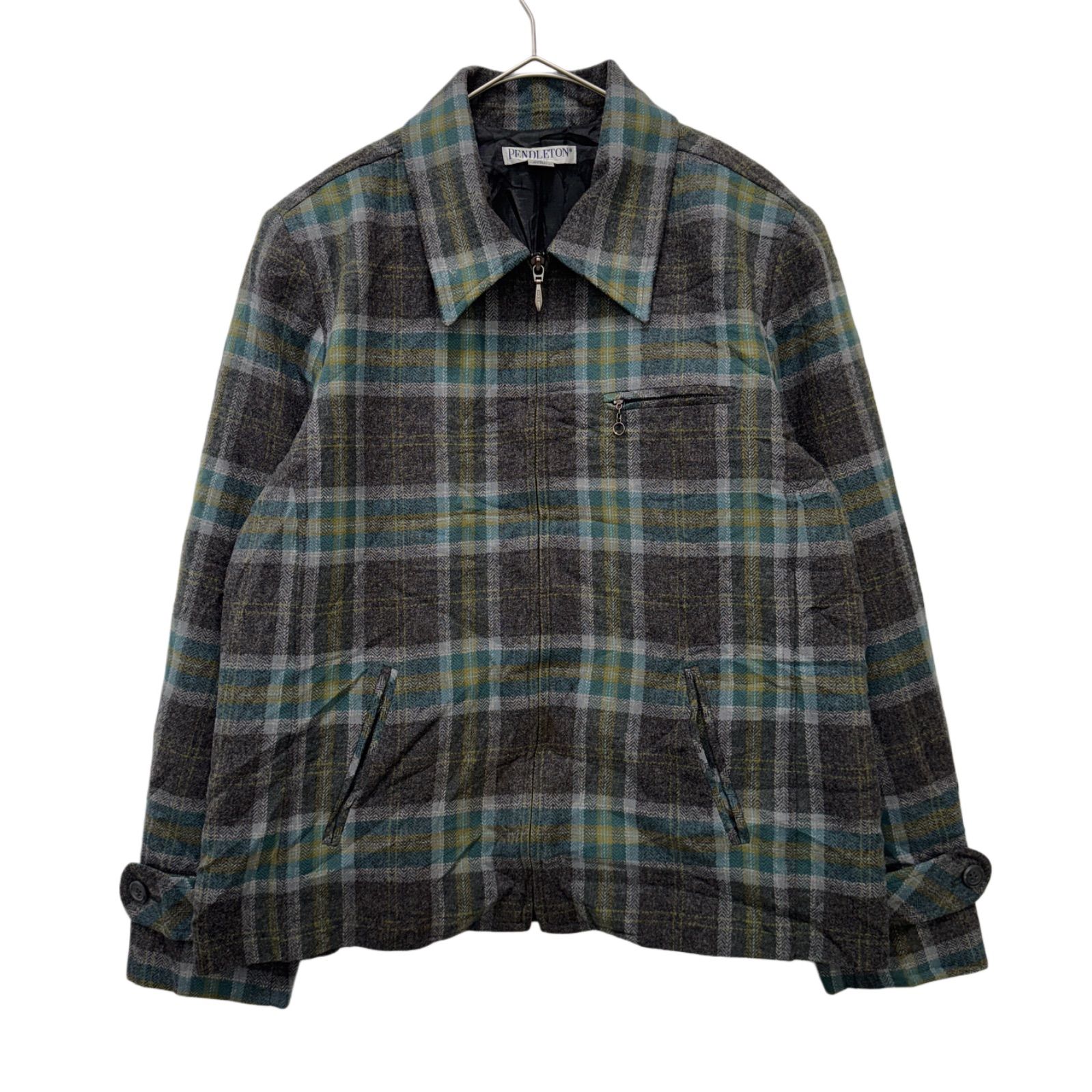 00s ペンドルトン ウールジャケット Lサイズ バージン ウール1 00% PENDLETON チェック柄 ダークグレー グリーン 短丈 ボックスシルエット フロントジップジャケット USA ...
