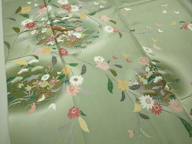 平和屋着物□極上 訪問着 友禅 風景花文 暈し染め 裏葉柳色地 逸品 未