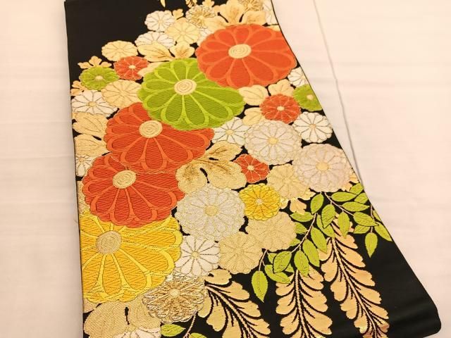 平和屋着物 六通柄袋帯 唐織 乱菊 黒地 金銀糸 正絹 逸品 BAAL0537du