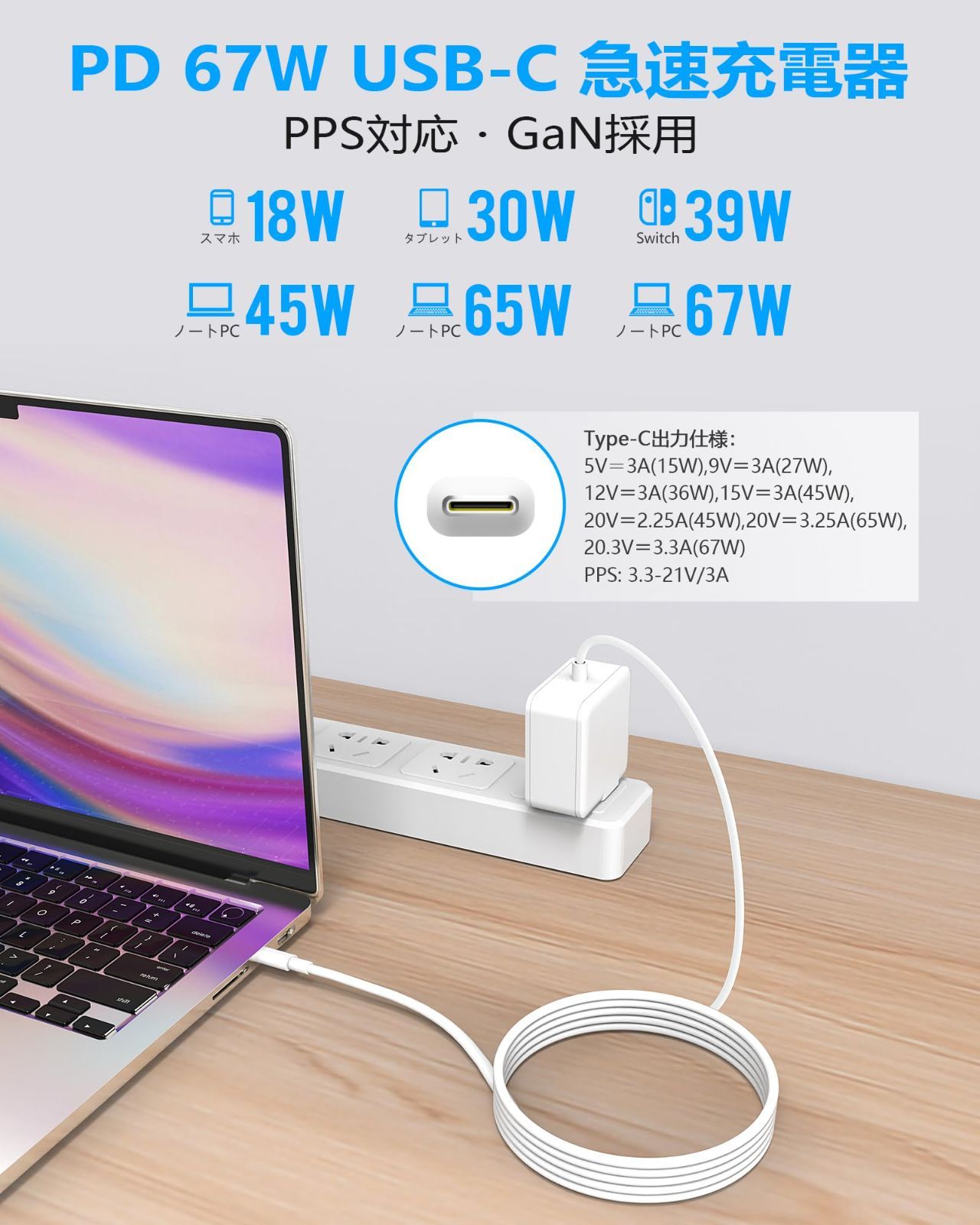Macbook 充電器 ノートパソコン 急速充電器 Type-C ACアダプター Macbook 充電器 ノートパソコン 急速充電器 Type-C ACアダプター