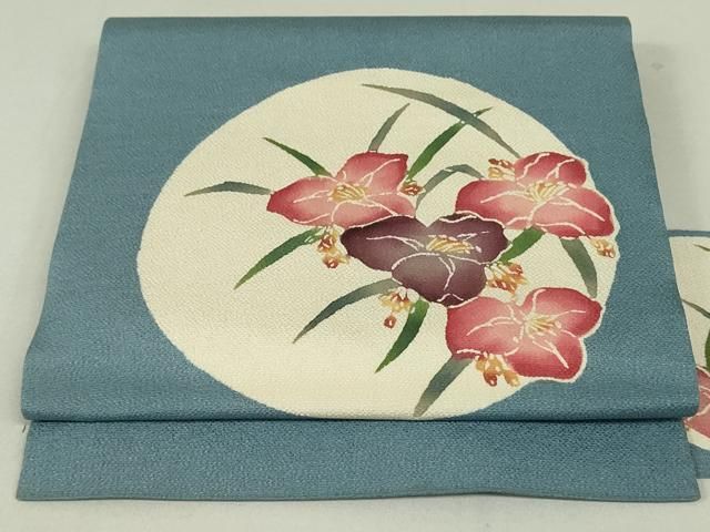 平和屋着物○九寸名古屋帯 型染め 花丸文 鬼しぼ縮緬 正絹 逸品