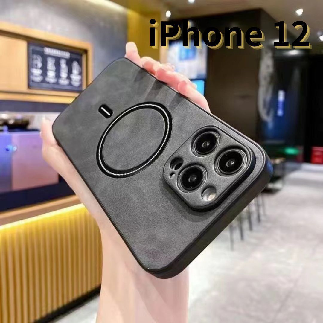 【SHOPS W】iPhone12 スマホケース 黒 ワイアレス充電 レザー風 耐衝撃 レンズ保護 軽量 おしゃれ シンプル E029 - メルカリ