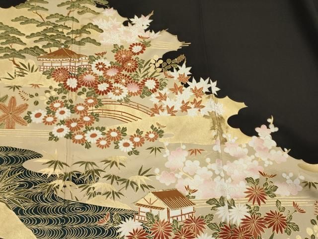 平和屋着物□豪華黒留袖 作家物 風景花文 暈し染め 金彩