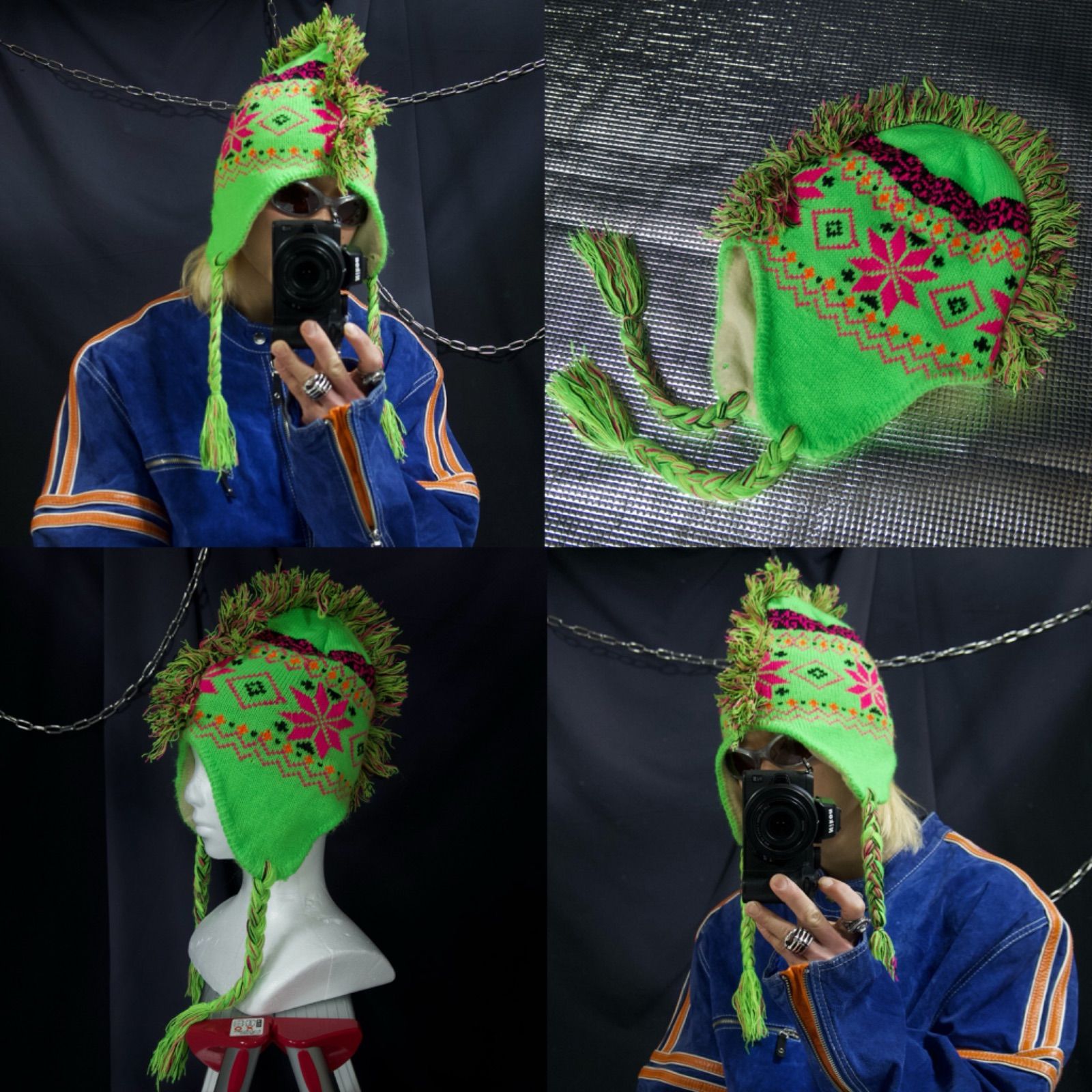 USED Mohawk Cyber Neon Color Fringe Ear Bird’sEye FairIsle Knit Cap ...