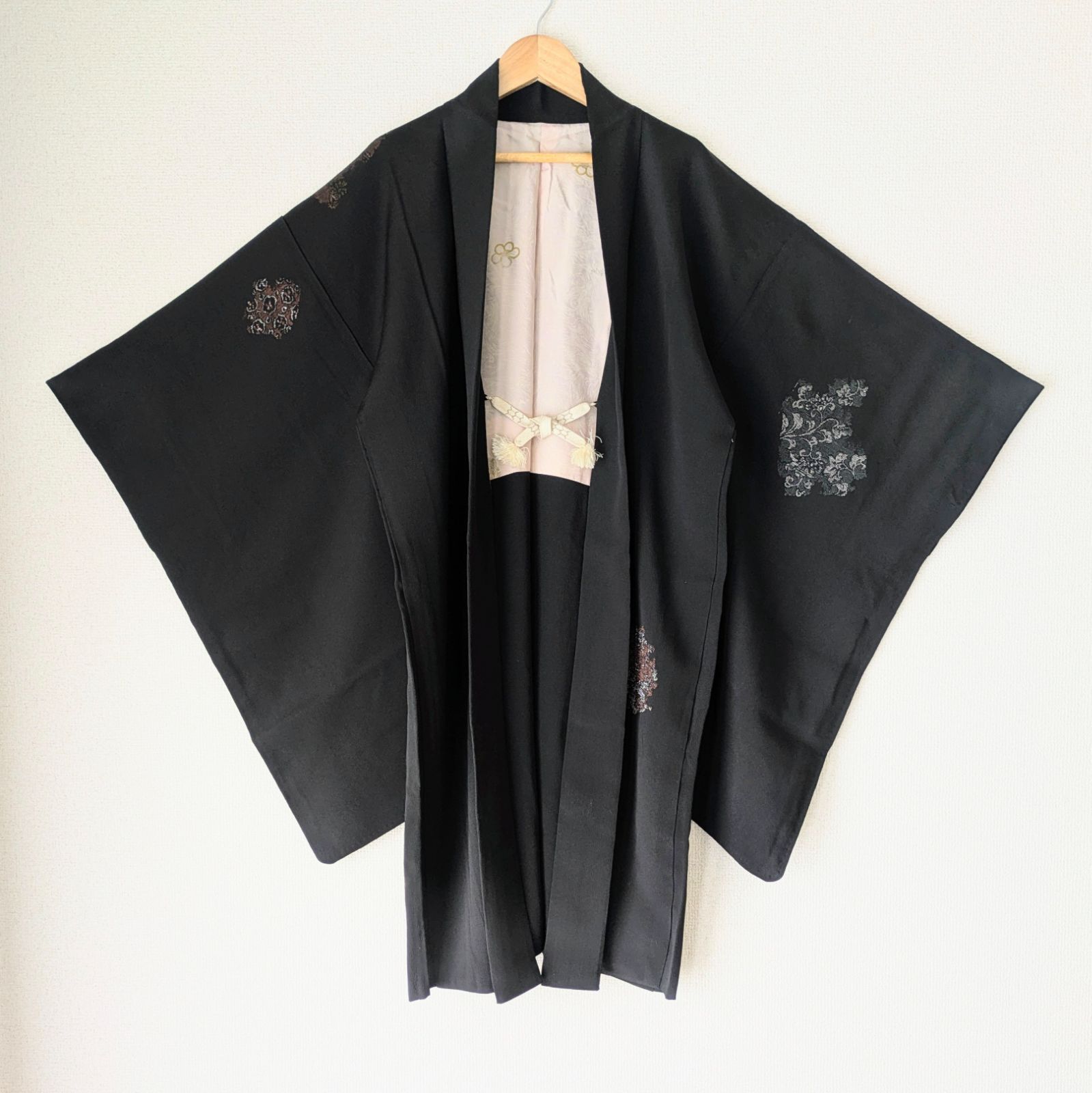 Japanese Vintage Haori Long Black Irogami Pattern Silk Kimono Gown Old ...