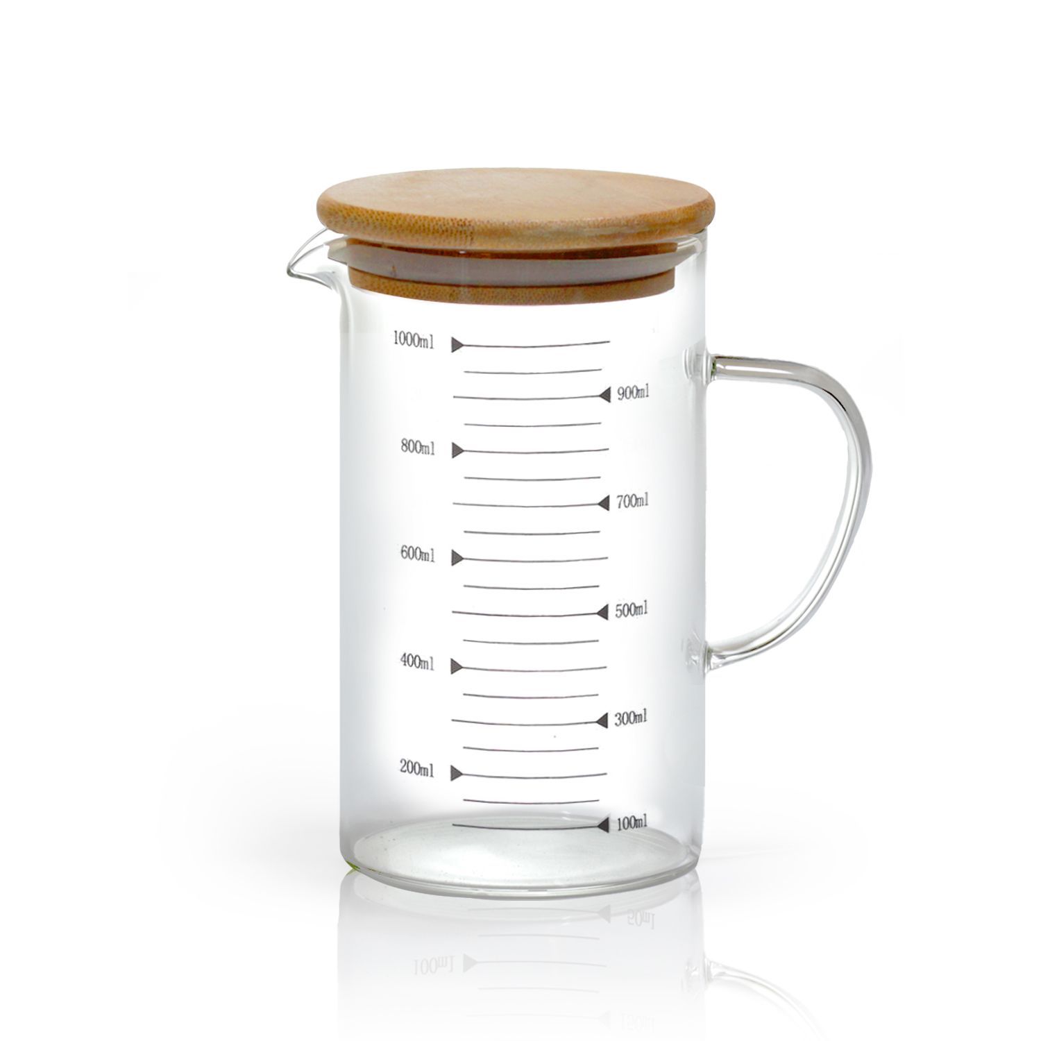 1000ml 耐熱ガラスメジャーカップ 計量カップ スケールカップ 便利なハンドル付き、天然木製ふた付き、電子レンジ、マグカップ 水差し - メルカリ