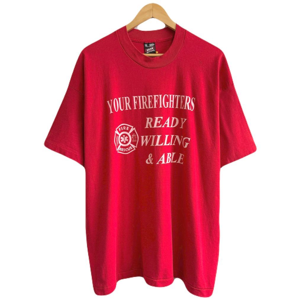 USA製 FRUIT OF THE LOOM フルーツオブザルーム FIRE RESCUE フロントプリント FIREFIGHTER シングル ...