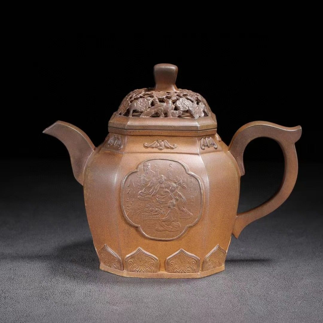 中国古玩 ・瓦當壺・原鉱紫泥・宜興紫砂壺・紫砂手彫・顧景舟紋 中国古玩 ・瓦當壺・原鉱紫泥・宜興紫砂壺・紫砂手彫・顧景舟紋
