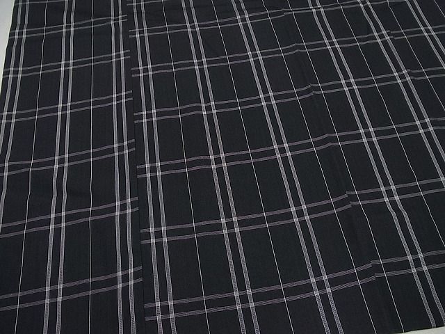 平和屋本店□極上 道行コート ロング丈 伝統工芸品 格子紬 単衣 黒地