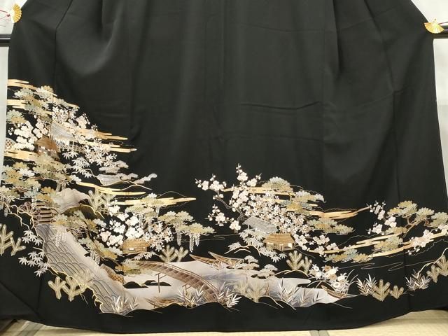 平和屋着物□豪華黒留袖 渡橋風景松竹梅文 金彩 正絹 逸品 AABB8558cs