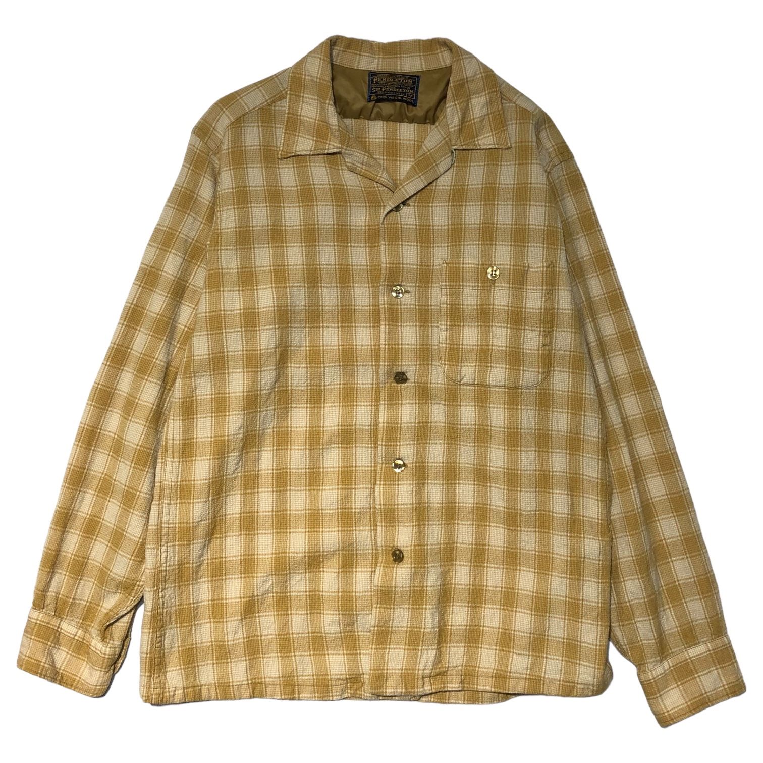 PENDLETON(ペンドルトン) 60's ~ 70's open collar wool check shirt オープンカラー ウール チェック シャツ M ベージュ×アイボリー ...