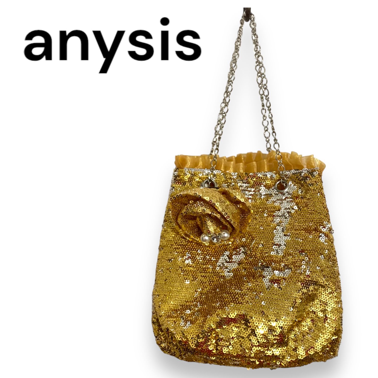 anysis エニィスィス コサージュ付 スパンコール ミニバッグ チェーンバッグ 結婚式 パーティー ポーチ ゴールド シルバー レディース - メルカリ