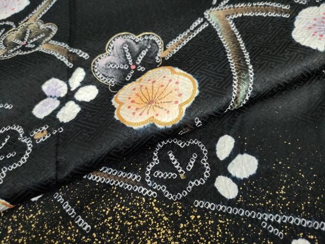 平和屋着物●訪問着　駒刺繍　絞り　枝梅文　黒地　金彩　正絹　逸品　DAAW5774ud 平和屋着物○訪問着 駒刺繍 絞り 枝梅文 黒地 金彩 正絹 逸品