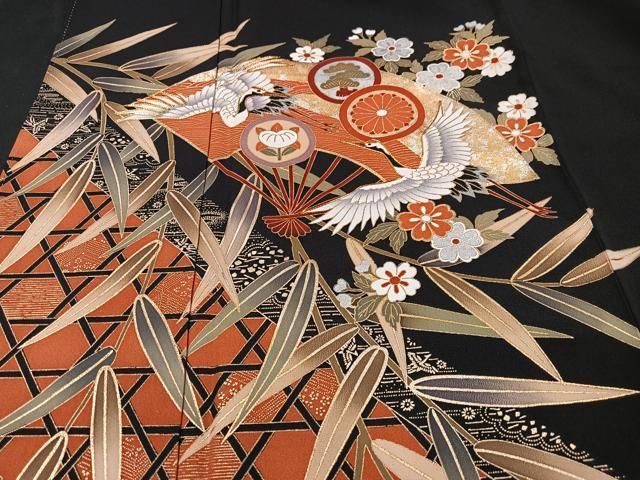 平和屋着物□豪華黒留袖 駒刺繍 立波扇面飛鶴文 金彩 正絹