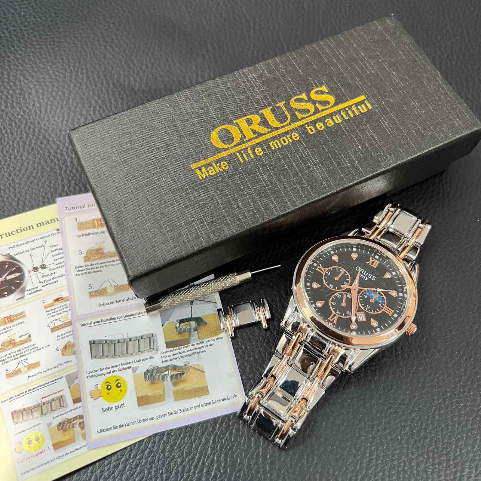 【美品】ORUSS 1853 腕時計 メンズ クロノグラフ風 黒文字盤 アナログ時計 - メルカリ