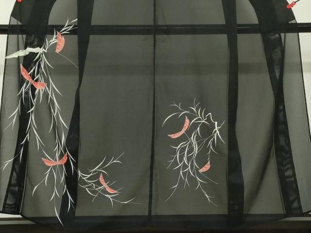 平和屋着物＊夏物 小紋 絽 幾何学文様 黒地 洗える着物 AAAZ2042st