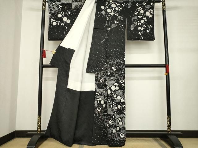 平和屋着物○訪問着 辻が花 総絞り 花唐草文 黒地 正絹 逸品