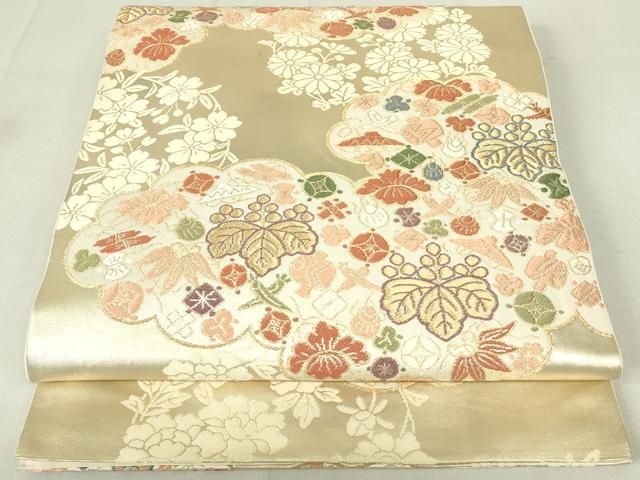平和屋着物◎六通柄袋帯 唐織 雲取り吉祥花文 金糸 正絹 逸品