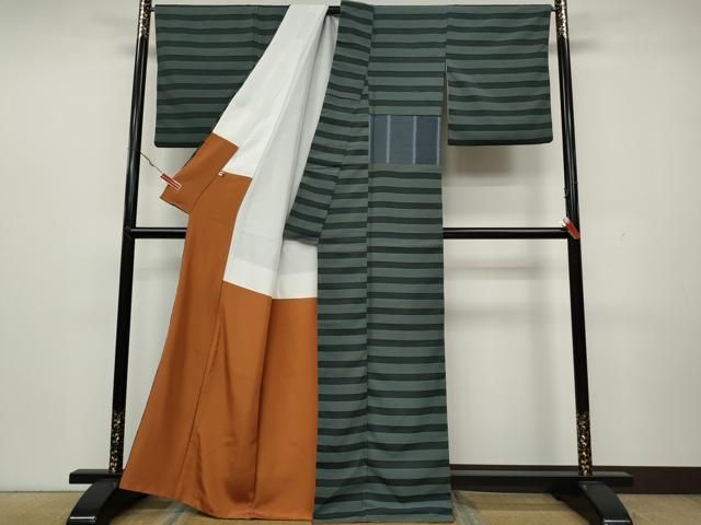 平和屋着物○上質なお召 縞 市松文様 黒地 正絹 逸品 BAAT0844yc