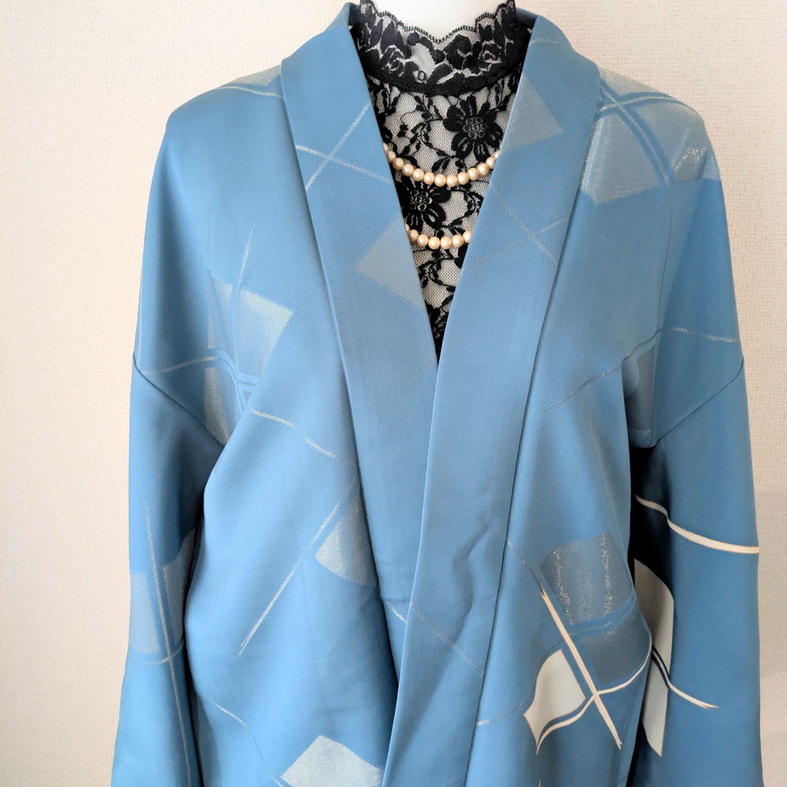 Japanese Vintage Haori Long Turquoise blue Argyle pattern Silk Kimono ...