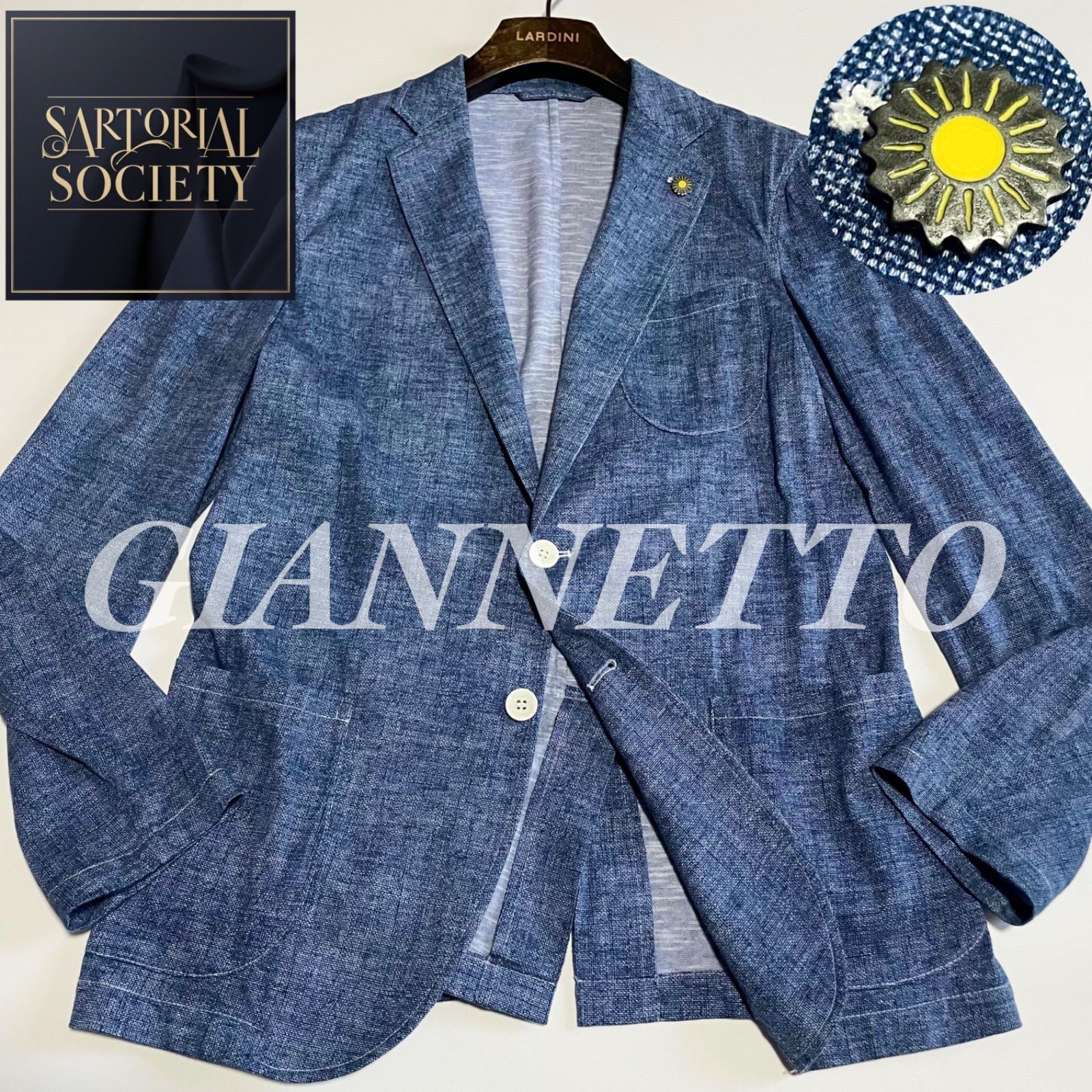 Giannetto ジャンネット 人気モデル RIVIERA 一枚仕立て イタリア製 アンコン仕立て 軽量ジャケット 46 ラペルピン付き インディゴブルー 高品質 伸縮性 ビジネス ...