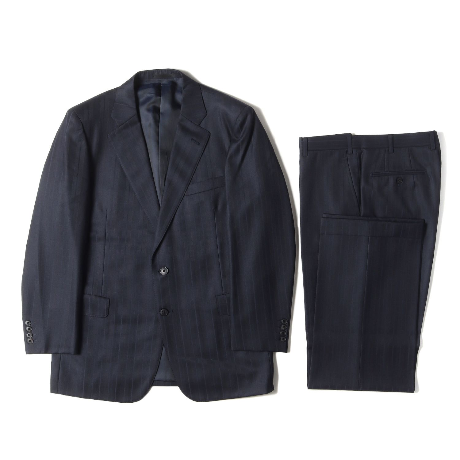 BURBERRY バーバリー 90s マルチストライプ ヘリンボーン ウール 2B テーラード ジャケット & スラックス パンツ / セットアップ スーツ Burberrys ネイビー ...