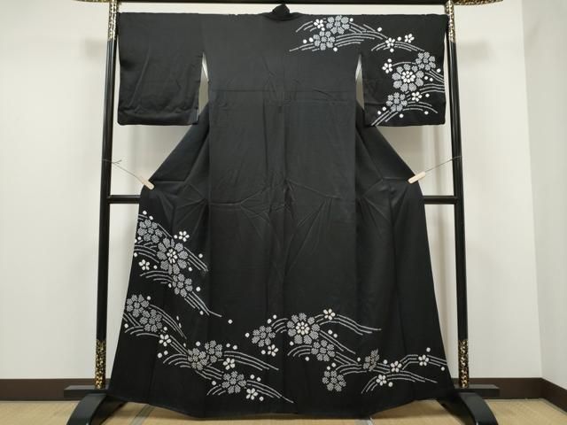 平和屋着物○訪問着 総絞り 流水舞花文 黒地 正絹 逸品 AAAV9037np