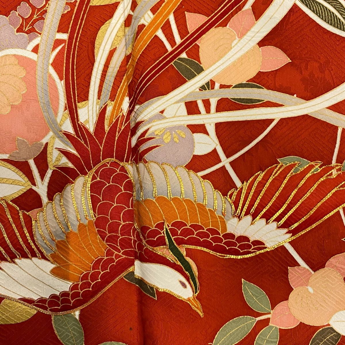振袖 身丈165.5cm 裄丈66cm M 袷 橘 鳳凰 金糸 金彩 朱色 正絹 振袖 身丈165.5cm 裄丈66cm M 袷 橘 鳳凰 金糸 金彩 朱色 正絹