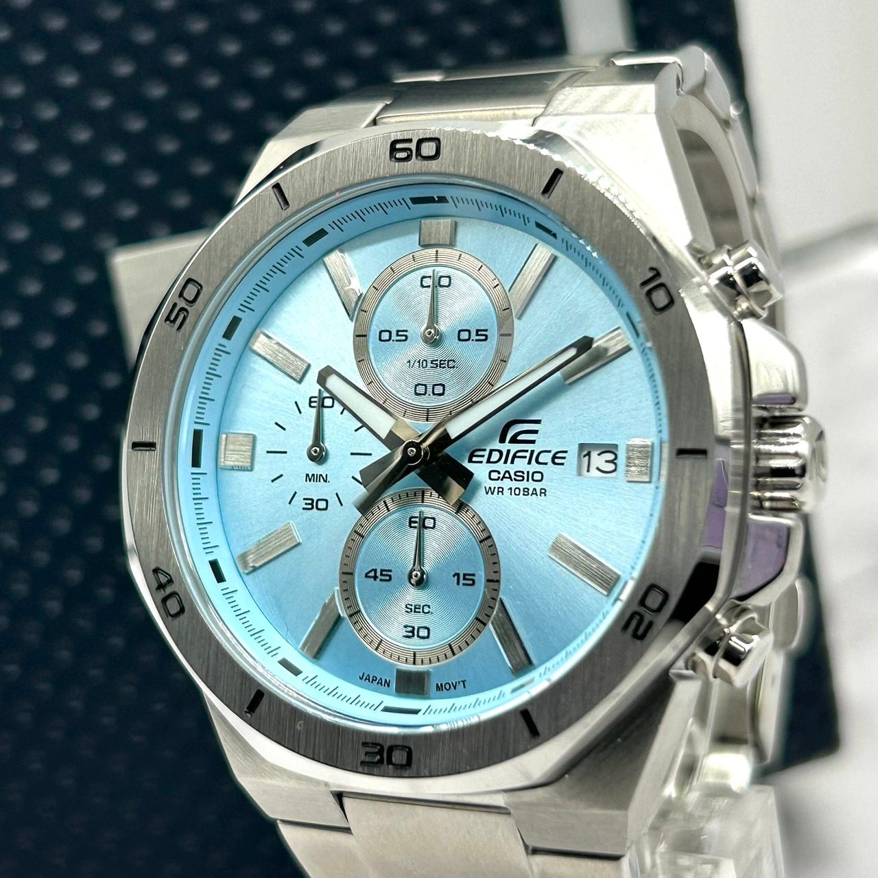 【新品同様/保存箱付き】 CASIO カシオ EDIFICE エディフィス メンズ 腕時計 EFV-640 ライトブルー文字盤 シルバー SS ...