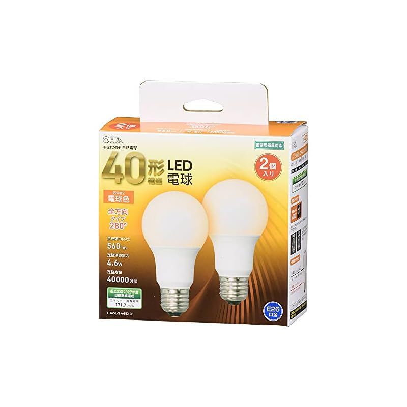 オーム電機 LED電球 E26 40形相当 電球色 全方向 2個入 LDA5L-G AG52 2P 06-4704 OHM - メルカリ