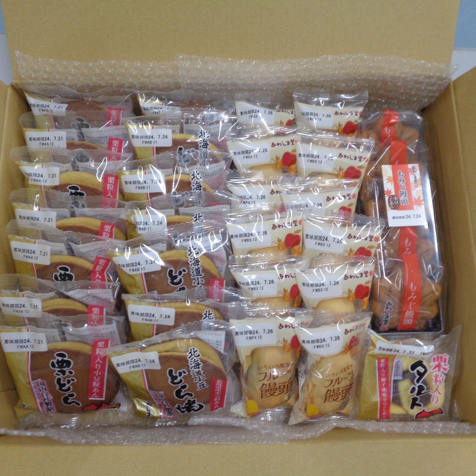 栗どら7P・北海道小豆どら焼7P・いろいろ果実のフルーツ饅頭12P・もみじまんじゅう5個入1P・栗粒入りタルト1P★あわしま堂 - メルカリ