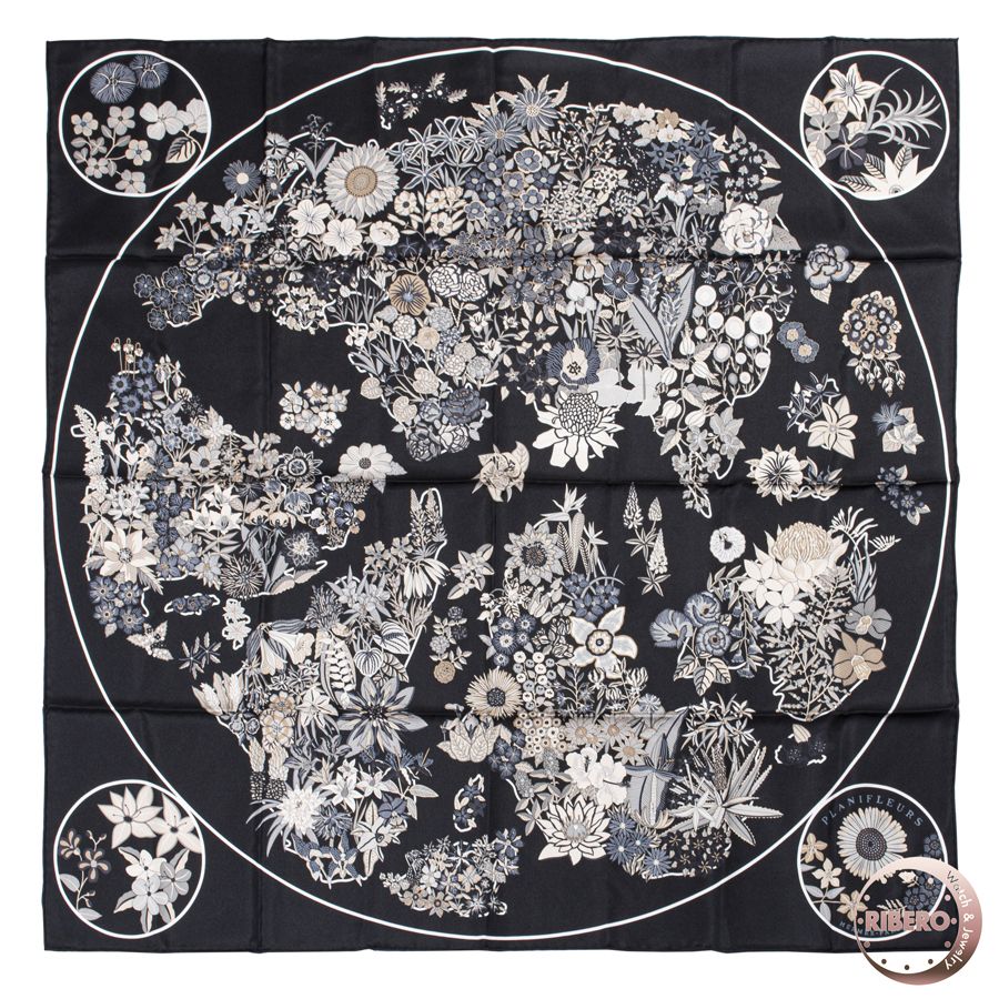HERMES エルメス カレ90 Planifleurs プラニフルール 003965S 13 スカーフ 2023AW ブラック グレー【中古 ...