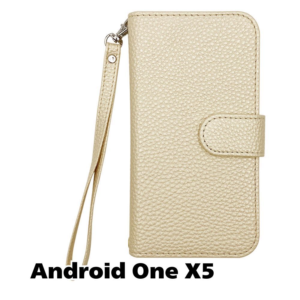 【新品未使用】Android One X5 手帳型スマホ ケース ストラップ 付 シボ型押 (カバー色シャンパン) ゴールド くすみカラー カード収納 PUレザー zflip49 ...