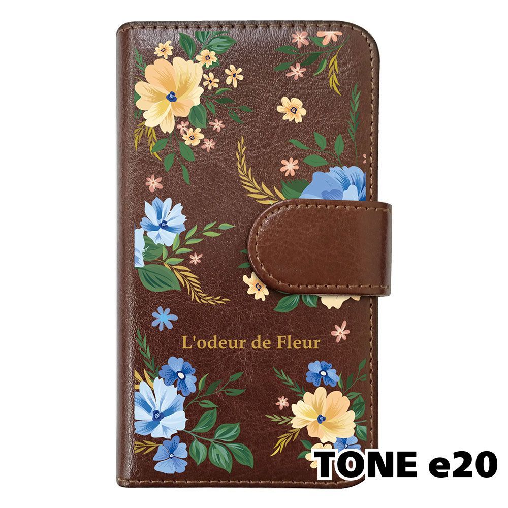 【新品未使用】 TONE e20 トーンe20 手帳型スマホ ケース 花柄 (手帳ブラウン×ワイルドフラワーブルー柄) ボタニカル フラワー おしゃれ カード収納 PUレザー flip2 ...