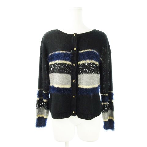 イリコ Illico カーディガン ニット ラウンドネック 長袖 ウール混 切替 ファー シャギー スパンコール ラメ ボーダー 青 ブルー ...