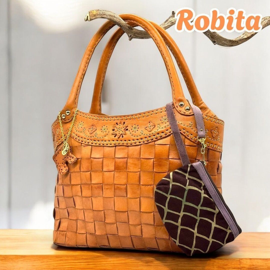 【手仕事が香るトート】 robita ロビタ トートバッグ メッシュレザー カットワーク刺繍 ハンドステッチ 編み込み レザー ブラウン - メルカリ