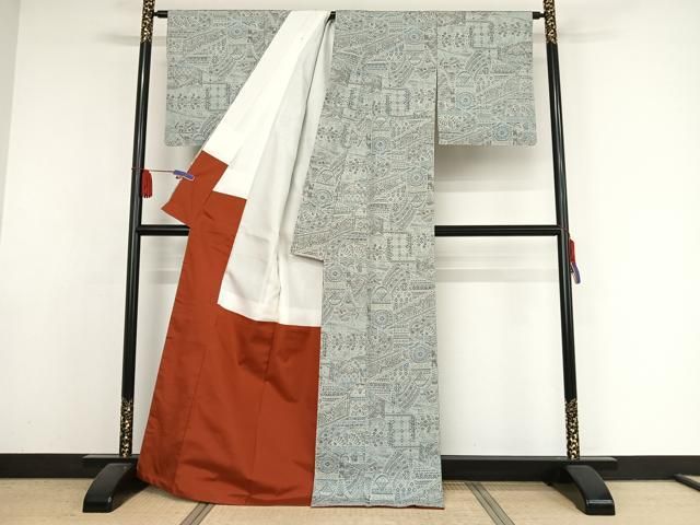 平和屋着物○本場真綿勝結城紬 100亀甲 唐草文 黒地 証紙付き 正絹