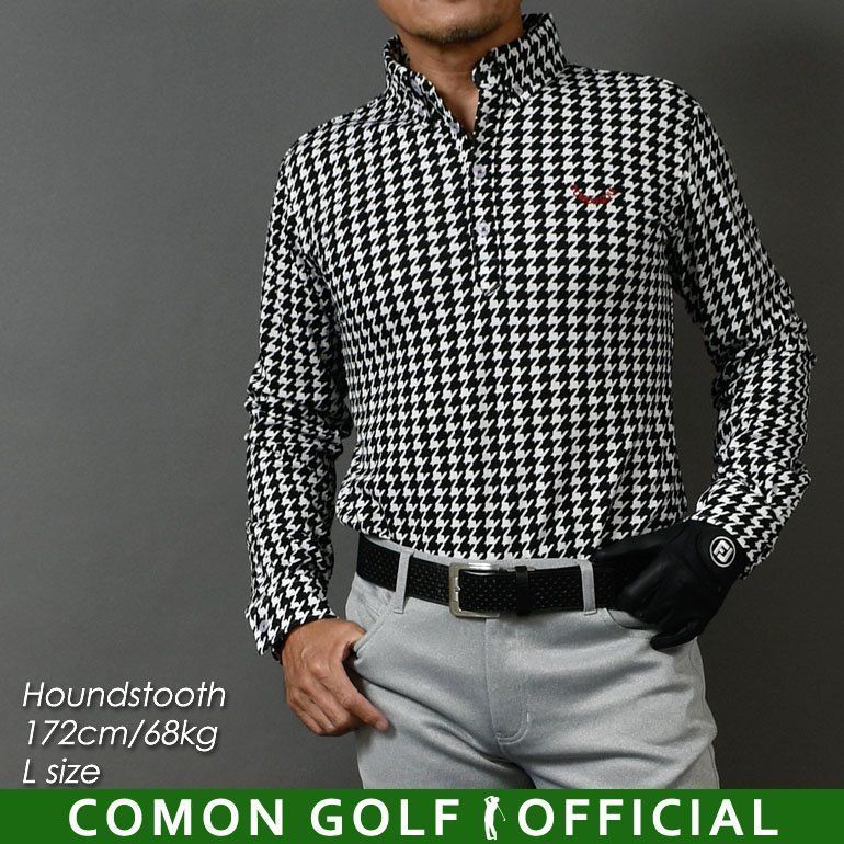 新品【COMONGOLF/コモンゴルフ】ワッフル素材チェック柄長袖ゴルフポロシャツ/千鳥格子(CG-LP652)ゴルフウェア メンズ ボタンダウン 長袖 春 秋 冬 ワンポイント 刺繍 ...