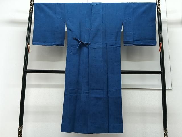 平和屋着物＃道中着 単衣 紬地 花唐草地紋 瑠璃色 ロング丈 正絹 逸品