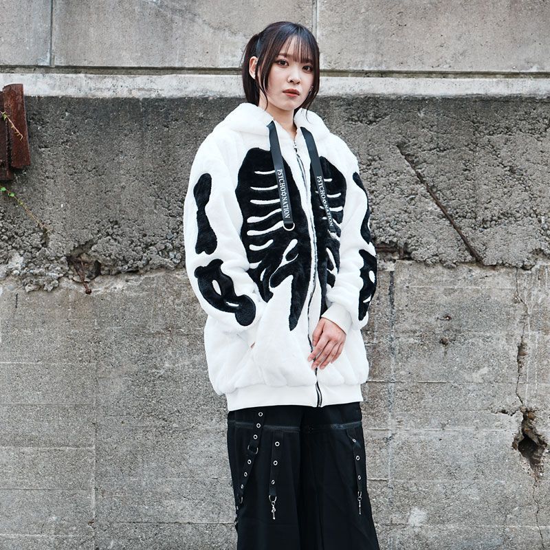 PSYCHO NATION サイコネーション 【MLサイズ】ボーンファー フードブルゾン 原宿 病みかわ パンク 地雷 天使界隈 メンズ レディース ユニセックス 143017 PSYCHO NATION サイコネーション 【MLサイズ】ボーンファー フード