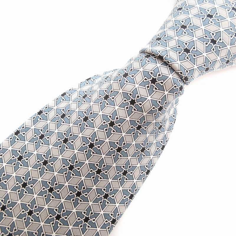 エルメス HERMES 美品 ネクタイ ワイドタイ シルク 総柄 グレー 青