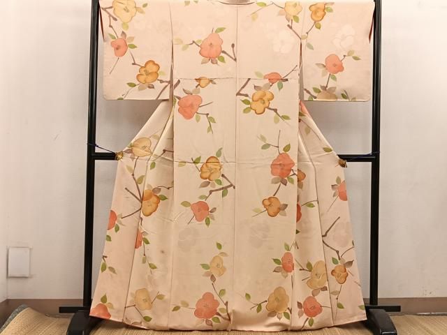 平和屋着物▽上質な小紋 単衣 手描き 枝花文 暈し染め