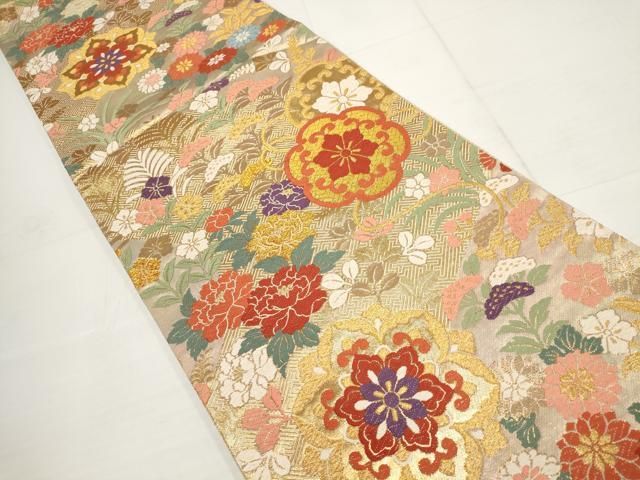 平和屋着物▽佐賀錦 六通柄袋帯 唐織 草花文 金糸 正絹 逸品