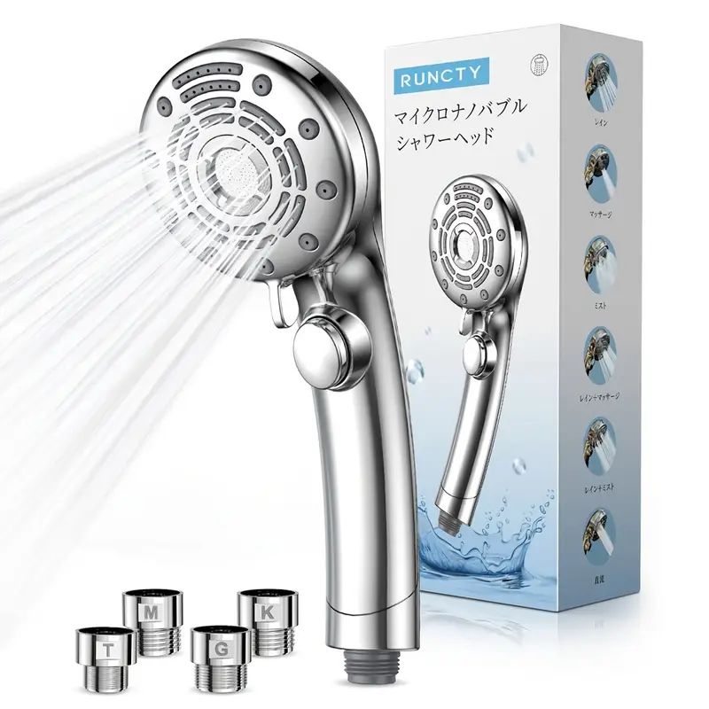 RUNCTY 高圧ハンドヘルドシャワーヘッド、マイクロナノバブル付き - 6つの調整可能なモード、完璧な肌と髪のための節水設計、簡単なワンボタン水止め、人間工学に基づいたグリップ、スリークな ...