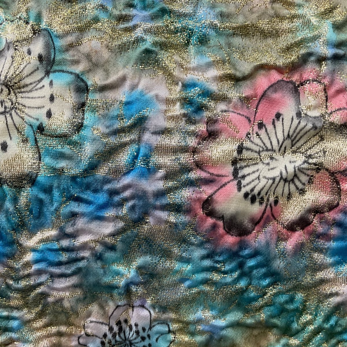 袋帯 美品 名品 桜 葵 絞り 箔 藍色 お太鼓柄 正絹 【中古 袋帯 美品 名品 桜 葵 絞り 箔 藍色 お太鼓柄 正絹 【中古