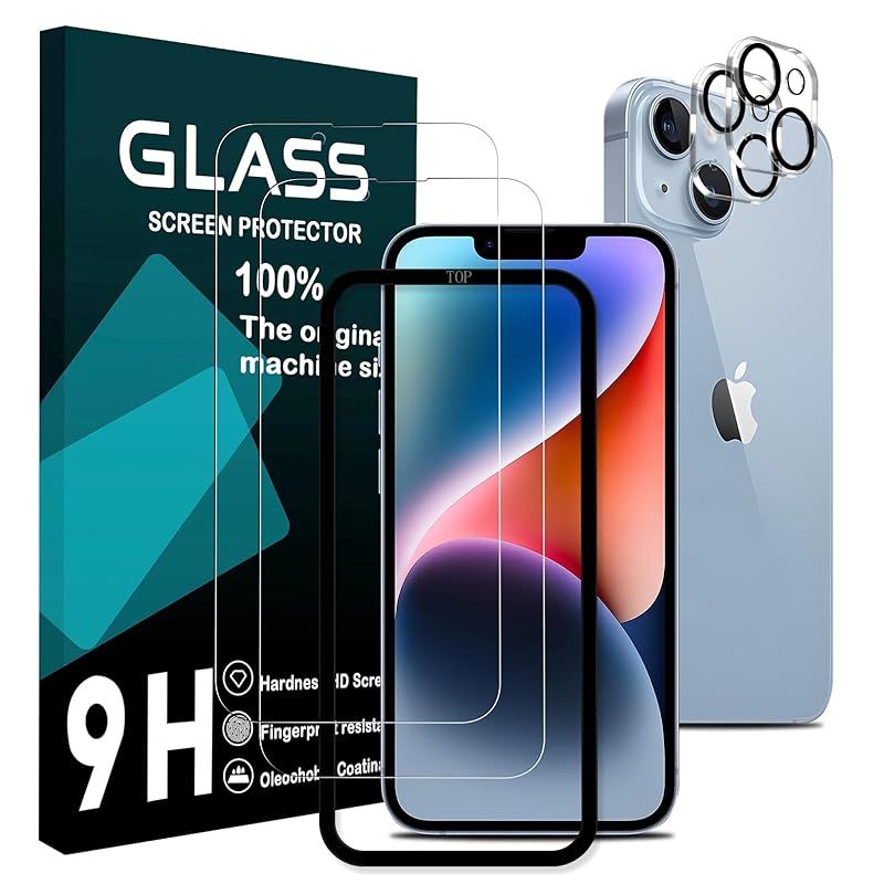 対応 iPhone14 フィルム 6.1インチ ガイド枠付き【2+2枚セット-日本旭硝子製 】iPhone14 ガラスフィルム (2枚) + レンズ保護フィルム (2枚) アイフォン14 保護 ...