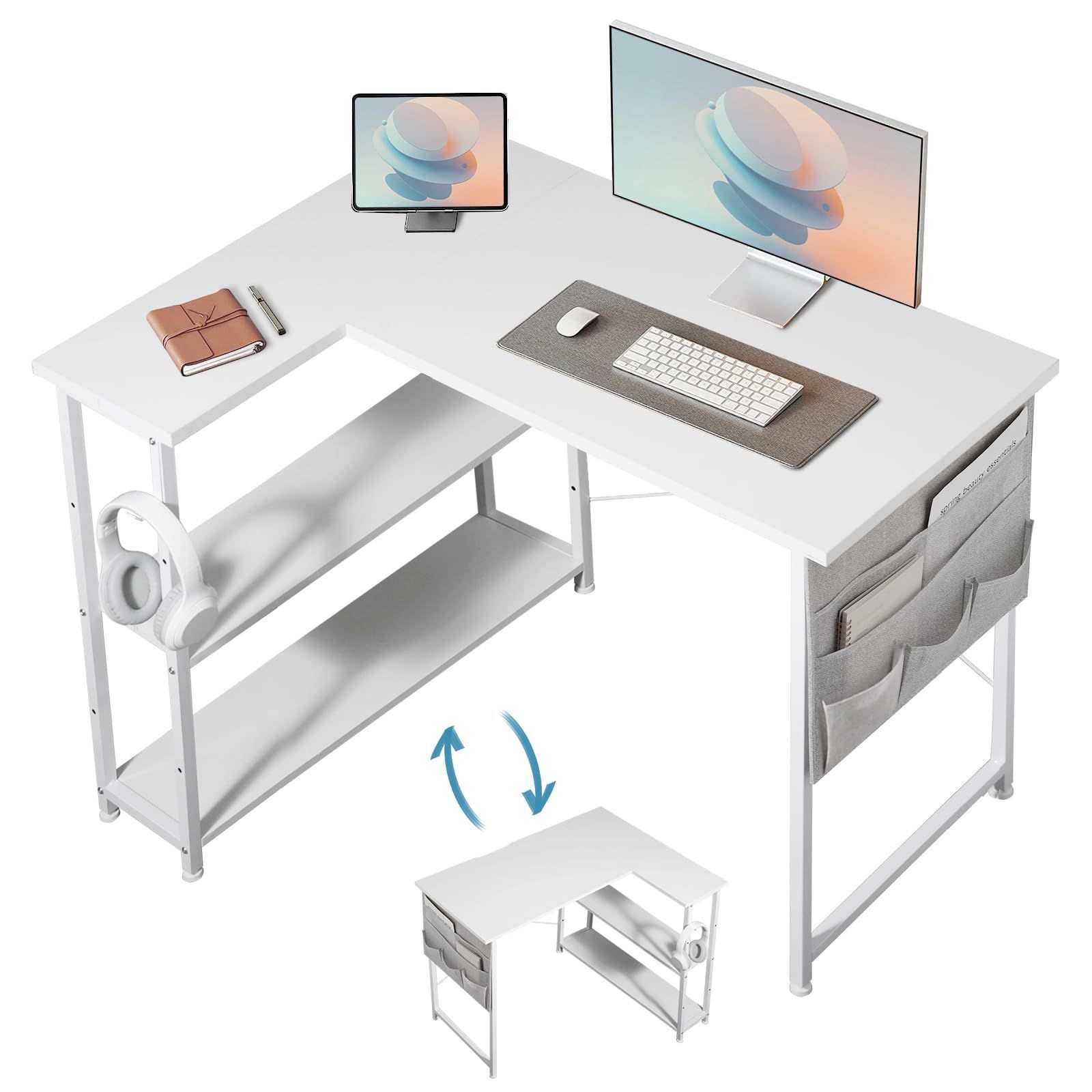 【新着商品】desk コーナーデスク 幅99cm つくえ 右棚左棚 棚板高さ調節可能 パソコンデスク 作業机 勉強机 L字型 学習机 在宅ワークデスク pcデスク リモートワーク 机 ゲーム ...